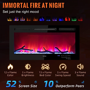 VEVOR Electric Fireplace, 36-inch Recessed and Wall Mounted, Fit for 2 x 4 and 2 x 6 Stud, Adjustable Flame Colors and Speed with Remote Control & Timer, 1500 W, Black