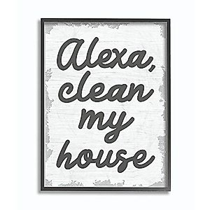 Stupell Industries Alexa Clean My House Funny Family Home Neutral Grey Word, Design by Artist Daphne Polselli Wall Art, 24 x 30, Black Framed