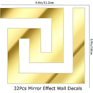 Lubise 32Pcs Gold DIY Mirror Stickers Removable Adhensive Wall Stickers Decals for Home Art Room Bedroom Background Decoration (Geometric Greek Key Pattern)