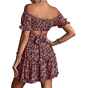 LYANER Women's 2 Piece Outfits Floral Off Shoulder Tie Up Crop Top and Mini Skirt Set Wine Red Floral Small