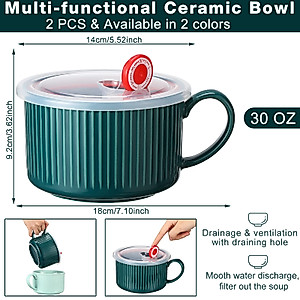 2 Pieces Ceramic Soup Bowls with Handles 30 oz Microwave Safe Bowl with Lid Microwavable Soup Mug with Lid Large Soup Cups for Ramen Noodle Cereal (Blue, Dark Green)