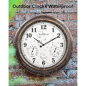 SkyNature Outdoor Clocks Large Waterproof with Thermometer and Hygrometer - 18 Inch Silent Battery Operated Metal Clock, Decorative Garden Clock for Patio, Pool and Home - Bronze