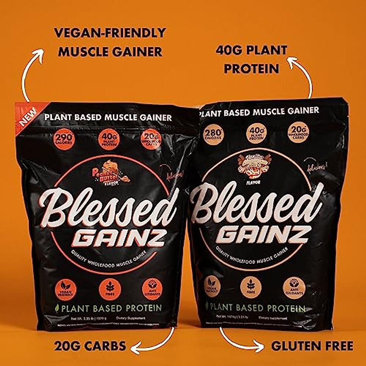 BLESSED Gainz Vegan Protein Powder Mass Gainer - 40g Plant Based Protein Powder - Meal Replacement Shake with Pea Protein Powder - Vegan Protein Shake - 40 Servings (Peanut Butter)