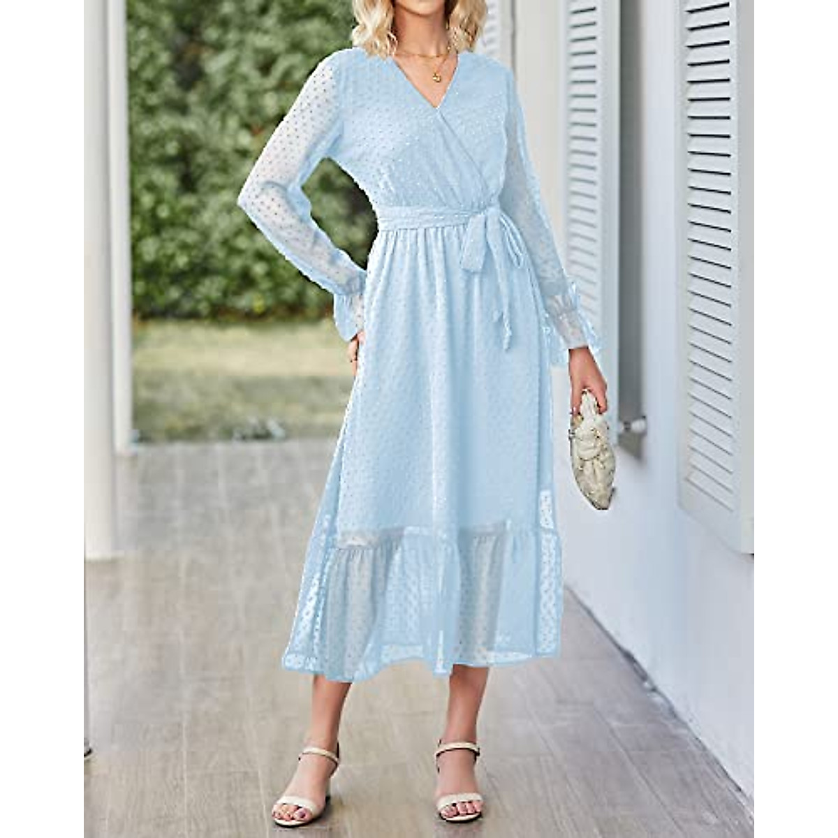 BTFBM Women's Casual Party Summer Fall Dresses 2023 Long Sleeve Wrap V Neck Swiss Dot Swing A-Line Maxi Dress with Belt(Swiss Dot Light Blue, Small)