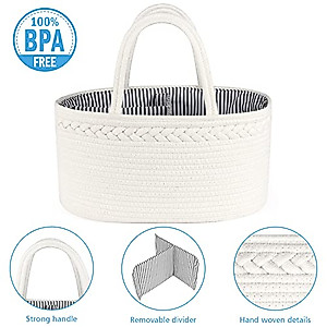 ABenkle Baby Diaper Caddy, Nursery Storage Bin and Car Organizer for Diapers and Baby Wipes, Cotton Rope Diaper Basket Caddy, Changing Table Diaper Storage Caddy Baby Gift Baskets, White