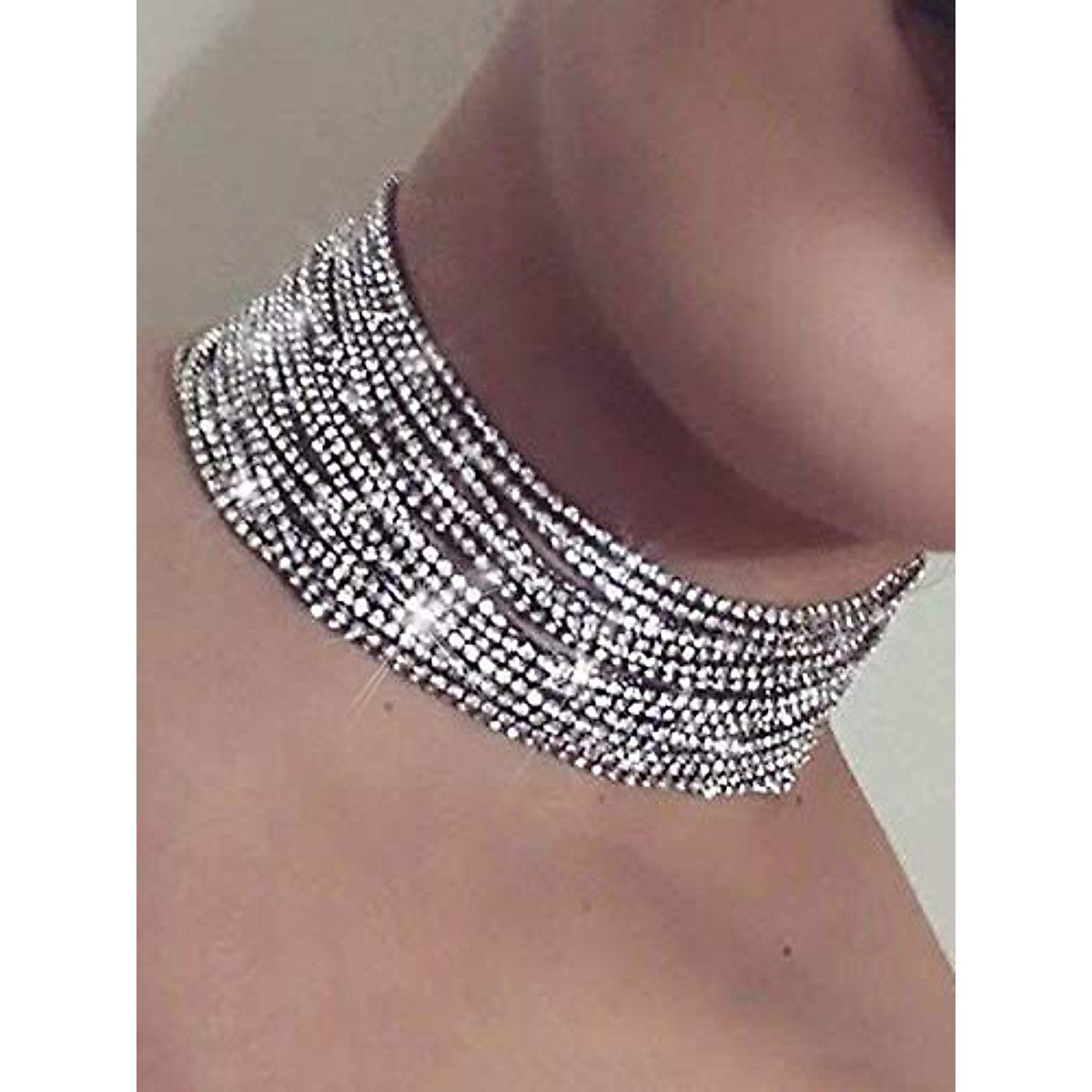 Nicute Layered Rhinestone Choker Sparkly Crystal Necklace Diamond Statement Necklace Jewelry for Women (Silver)