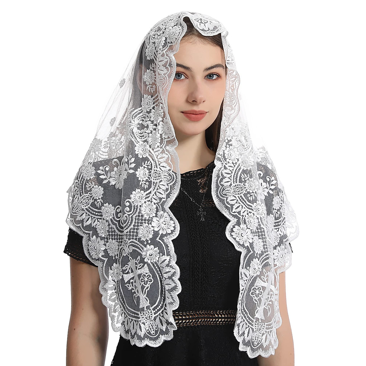 Bozidol Church Triangular Head covering - Cross Chalice Embroidered Vintage Church Veil for Women