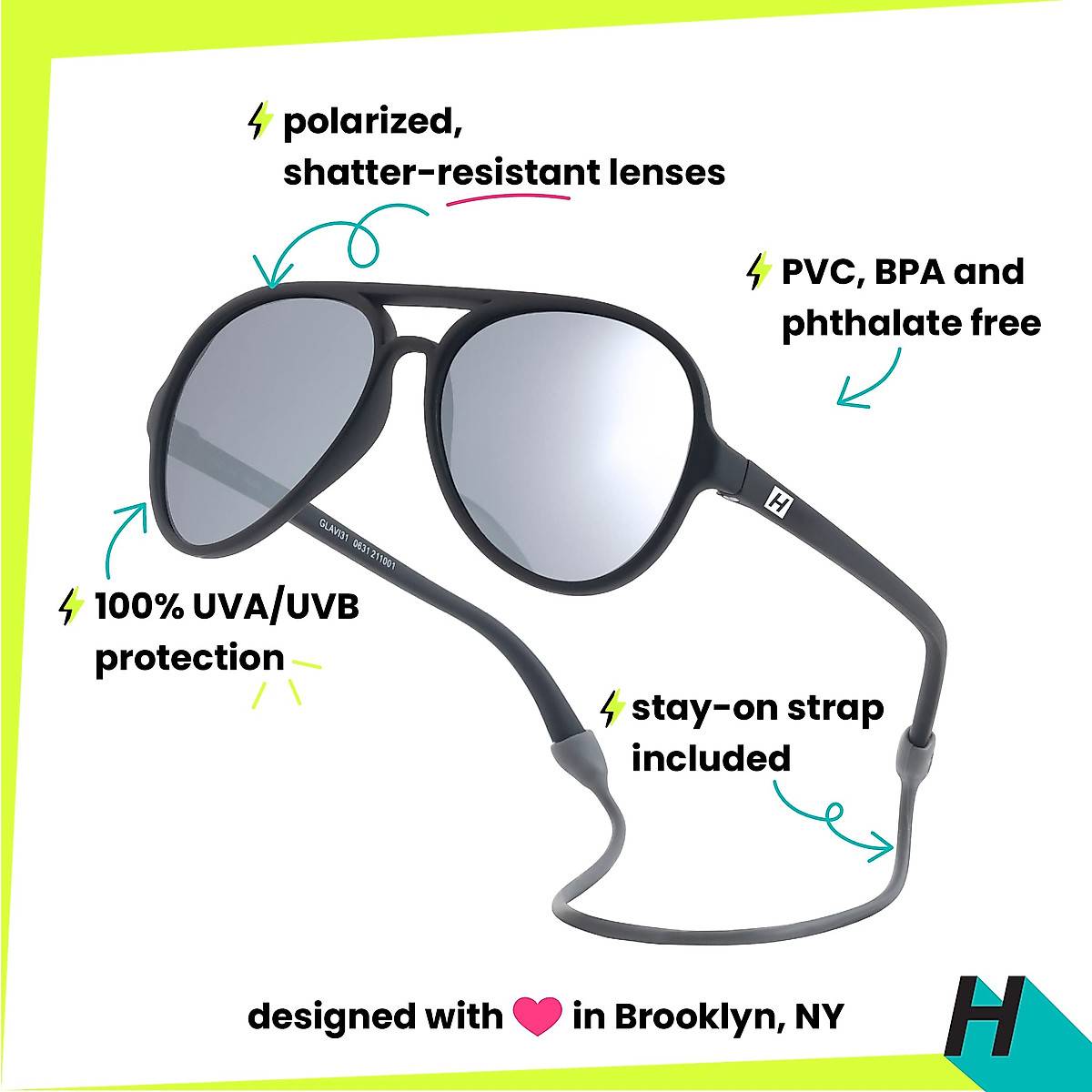 Hipsterkid Aviator Sunglasses Kids Toddler Polarized Sunglasses Shatter-Resistant Lenses Stay-On Strap 100% UV Protection Christmas Gift (Black, 0-2 Years)