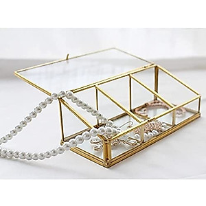 Yalych Jewelry Box Jewelry Case Golden Clear Glass & Brass Metal Storage Jewelry Display With Lid 3 Compartment Rings Bracelet Box. Jewelry Organizer