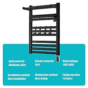 DYRABREST Wall Mounted Towel Warmer Electric Heated Towel Rack Black Stainless Steel Towel Warmer Heated Drying Rack with Timer and Remote Control for Bath Kitchens Swimming Pools