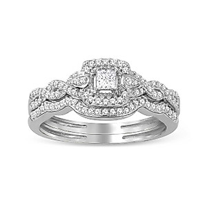 DZON 10k White Gold 1/3CT TDW Diamond Halo Princess-Cut Engagement Ring Set Love Gift for Women (I-J,I2)