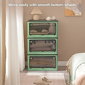 HOOBRO 22.2 Gal Plastic Storage Bins with Lids, Collapsible Storage Bin with Wheels, Folding Storage Box, Stackable Storage Bins with 5 Doors, for Home, Office Organizing, 3-Pack, Green JG84CWP301