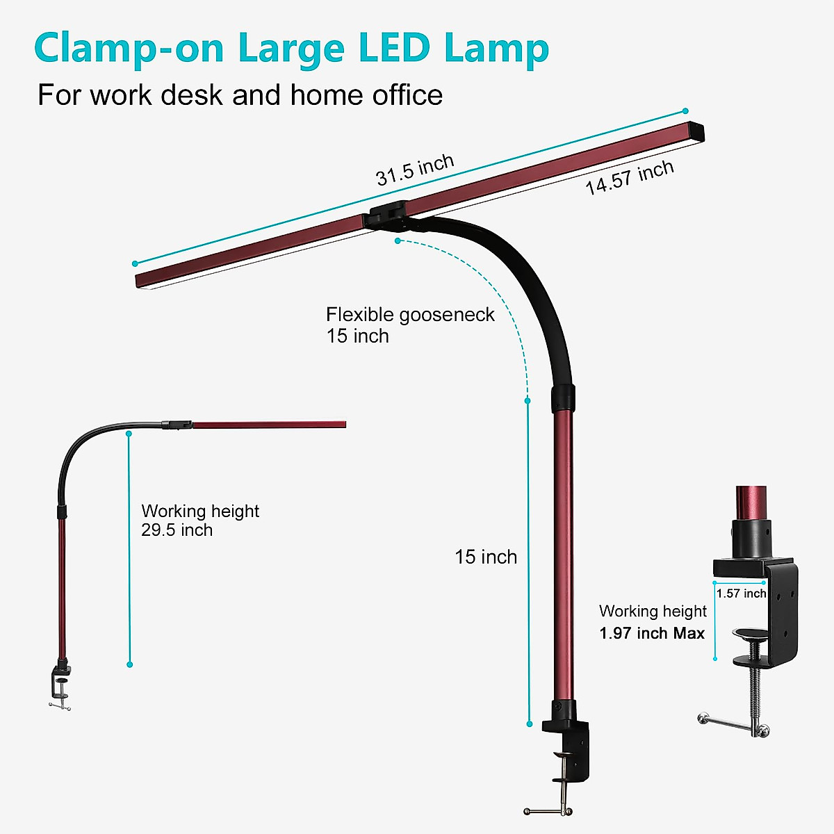 DUKTIG LED Desk Lamp for Women, Double Head Architect Desk Lamp, Bright Desk Lamps with Clamp, 5 Color Modes and Dimmable Tall Desk Lamps for Home Office, Studio (24W, Crimsonb Red)