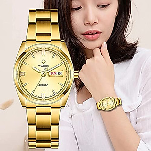 Women's Silver Stainless Steel Band Wrist Watches Fashion Quartz Analog Watch Small Face Ladies Dress Watch (Full Gold)