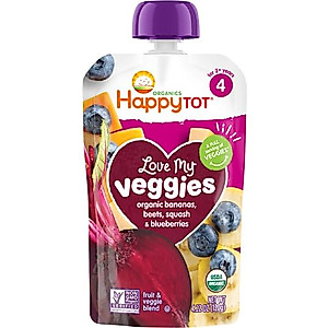 Happy Tot Love My Veggies Stage 4 Organic Toddler Food Banana Beet Squash & Blueberry, 4.22 Ounce Pouch Organic Baby Food/Toddler Food Pouches, Fruit and Veggie Blend, Full Serving of Vegetables