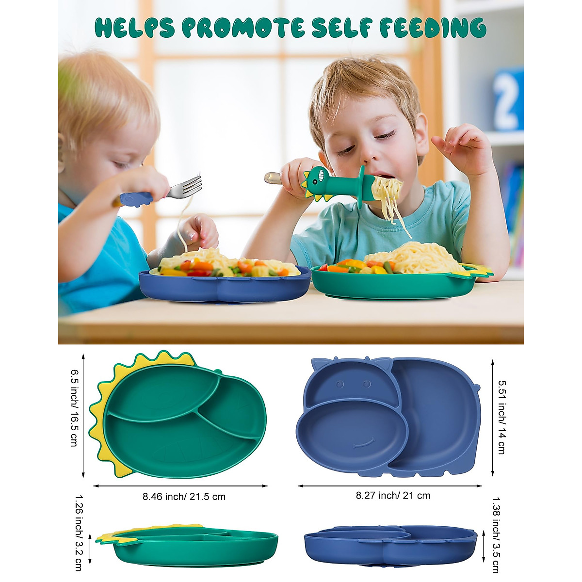 Maxdot 9 Pcs Baby Silicone Plates with Suction Divided Placemat Dish with Spoon Fork Set Toddler Plates Baby Plates and Utensils Set Kids Self Feeding Training Supplies, Dinosaurs, Crab, Hippo