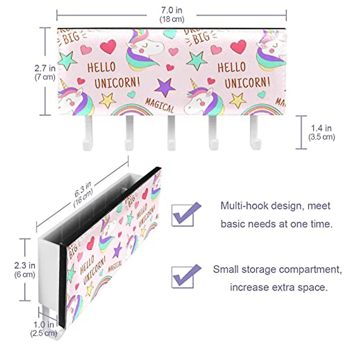 Pink Magical Unicorn Pattern Rack Organizer with 5 Hooks Wall Bathroom Kitchen Shelf Rack Multifunctional Storage Shelf