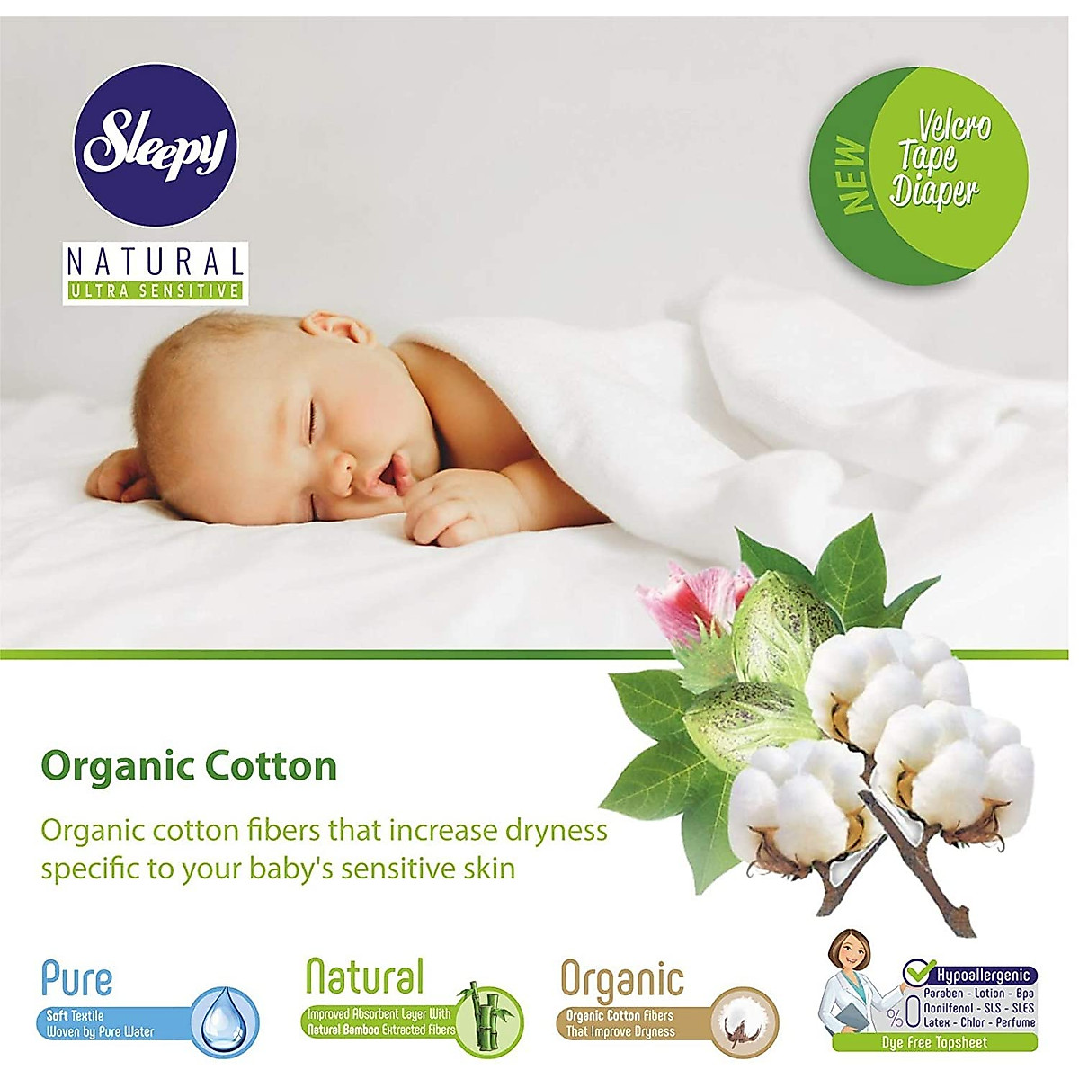 SOHO | Sleepy Natural Baby Diapers, Made from Organic Cotton and Bamboo Extract, Ultimate Comfort and Dryness, Disposable Diapers Snuggle Diaper (Size 3 +)