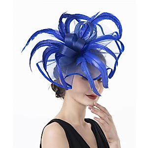 Lucky Leaf Girl Lady Hat Headwear Organza Church Feather Clip Fascinators Hat Wedding Party Kentucky Derby Cap for Women(F-5-Royalblue)