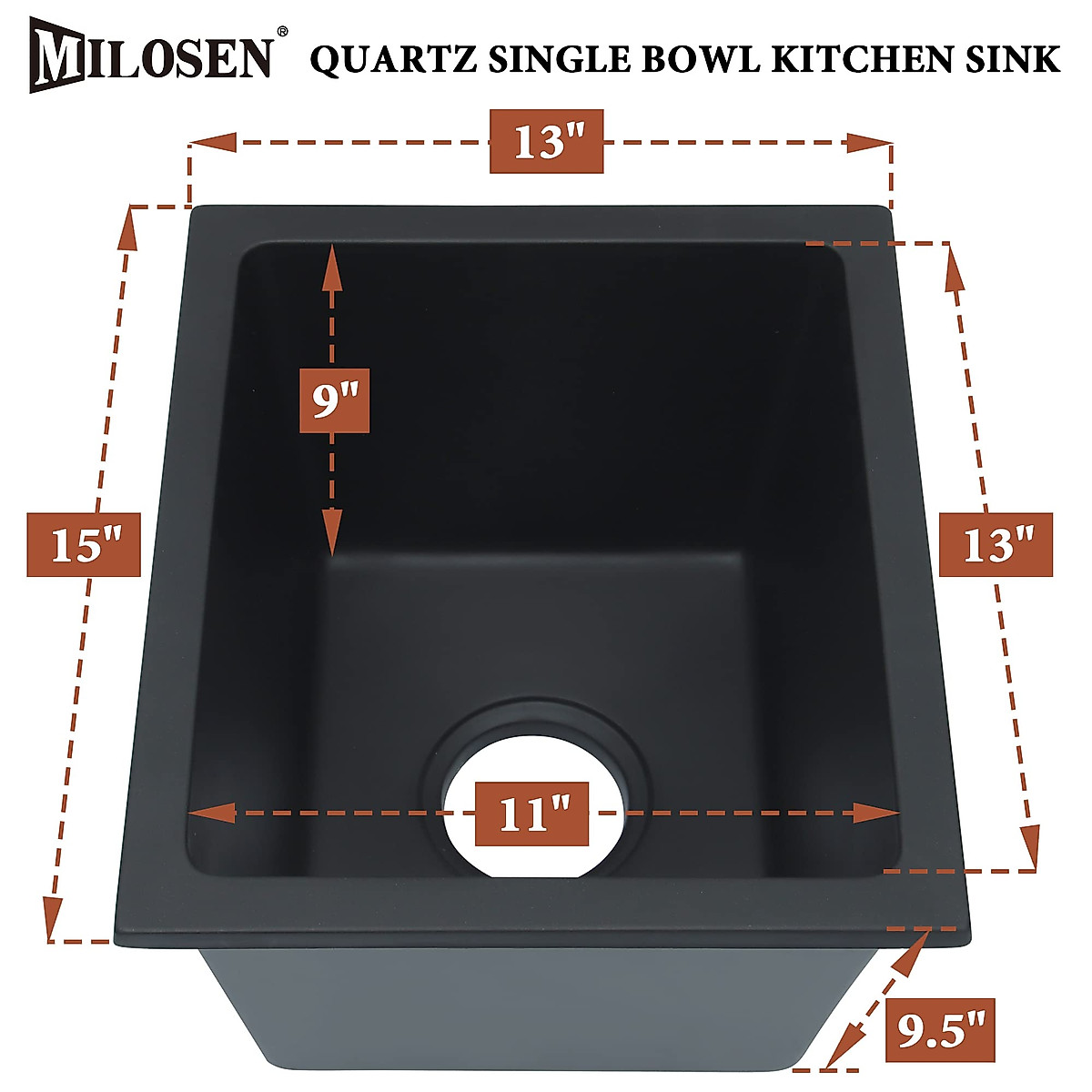 MILOSEN Black Bar Sink 13×15 Inch, Small Bar Prep Kitchen Sink, Undermount Bar Sink, Granite Composite Single Bowl Bar Sink, RV Kitchen Sink, Small Camper Sink