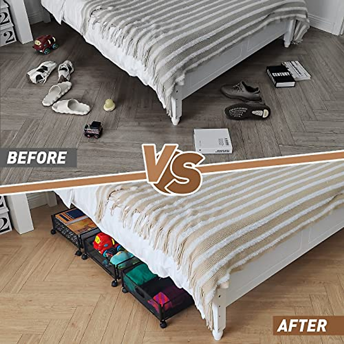 Yoz&Papa Under Bed Storage Containers, Under Bed Storage With Wheels, Tool-free Assembly Metal Underbed Storage Containers With Dustproof Storage Bag For Clothes, Shoe Organizer Under Bed Drawer (Black(1 Pack))