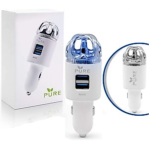 Car Air Purifier 3in1 Premium Stainless Steel HEPA Filter Ionizer w/Dual USB Quick Charge 3.0 USB-Eliminate Allergens Odor Smell, Smoke, Pets, Pollen Mold Bacteria w/Anti-Microbial Deodorizer (White)