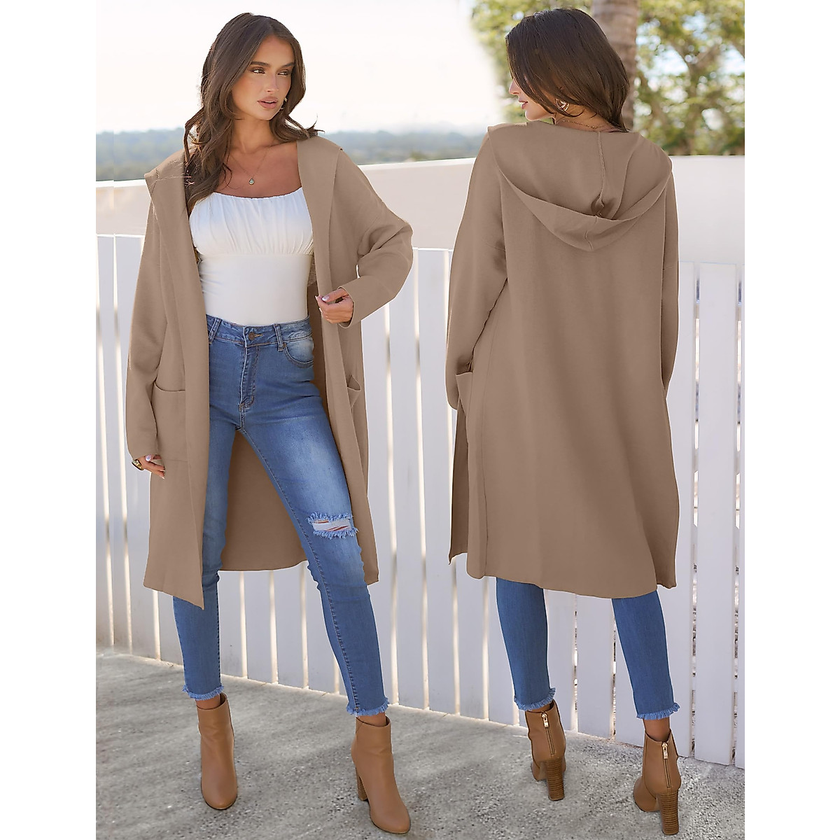 MEROKEETY Long Hooded Cardigan Sweaters for Women Oversized Open Front Coatigan Lady Jacket Coat Pockets, Khaki, Medium