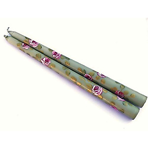 Dripless Unscented Olive Sage Green Romantic 10 Inch Long Taper Dinner Candles Set with Painted Pink Roses