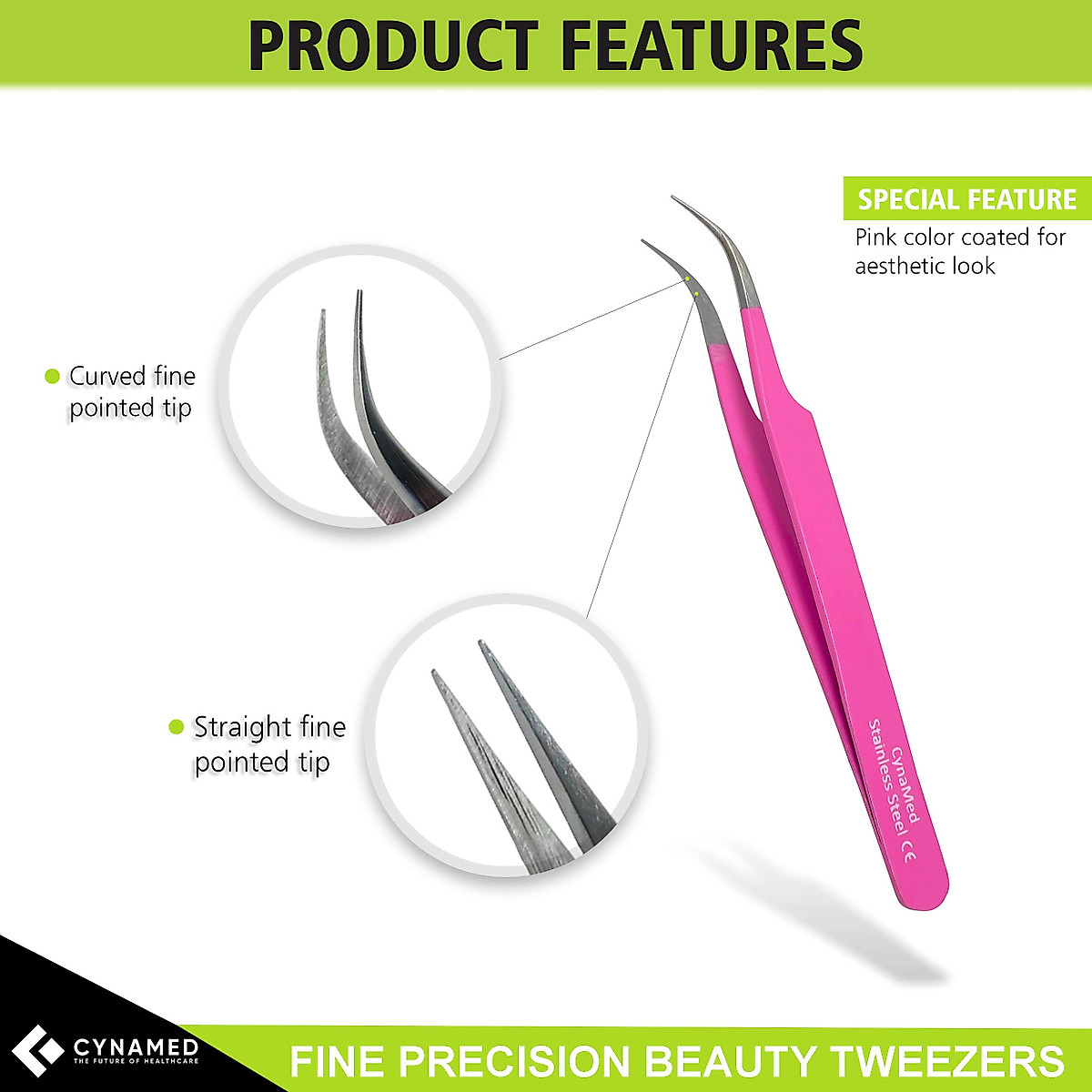 CynaMed Pink Eyelash Extension Tweezers Set (2-Pack) – Straight and Curved Stainless Steel Precision Tweezers for Volume Lash Extensions