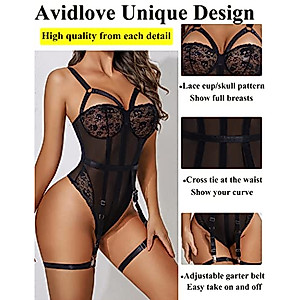 Avidlove One Piece Bodysuit for Women with Garter Belt Strappy Lingerie with Skull Print Teddy Sleepwear(Black, Small)