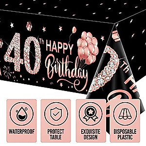 3 Pack 40th Birthday Tablecloth Decorations for Women, Rose Gold Happy 40 Birthday Table Cover Party Supplies, Forty Year Old Birthday Plastic Disposable Rectangular Table Cloth Decor