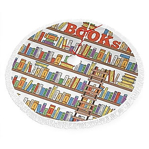 IJQRVJ Library Books,Merry Christmas Tree Skirt Lace-up,Library Book Shelf with A Ladder,Christmas Tree Decoration Xmas Tree Mat for Holiday Party Indoor Decorations,Multicolor,36in