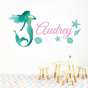 Girls Custom Personalized Watercolor Name Mermaid and Shells Nursery Decor Wall Decal Stickers (Medium)