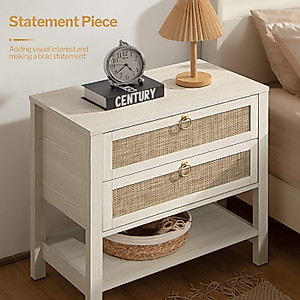 SICOTAS White Night Stand Set of 2, Large Nightstand with Drawers and Storage Shelf - Rattan Boho Bedside Table Narrow Side Table for Bedroom, Small Space