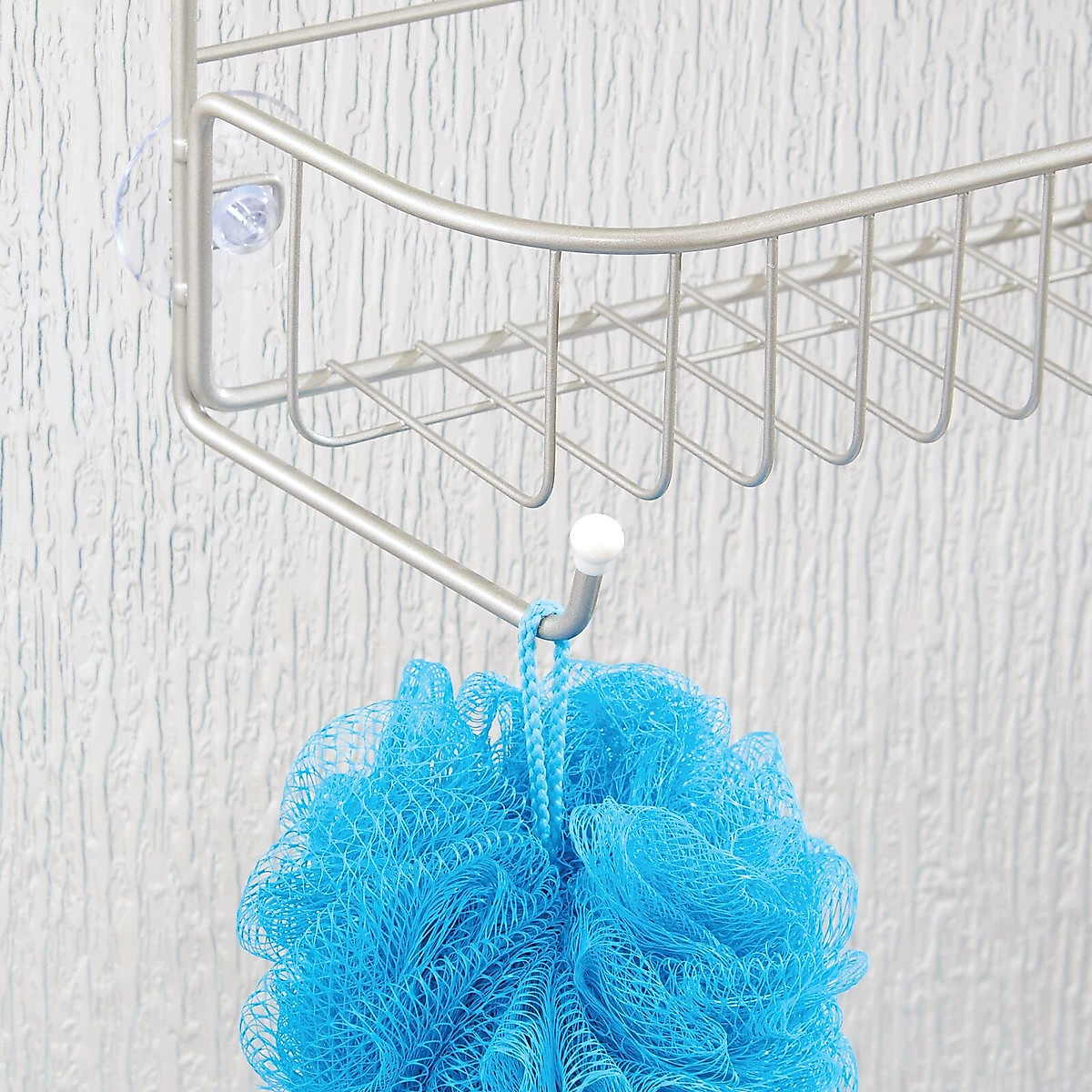 mDesign Extra Wide Metal Wire Over The Bathroom Shower Door Caddy, Hanging Storage Organizer with Built-in Hooks and Baskets on 2 Levels for Shampoo, Body Wash, Loofahs, Rust Resistant - Satin