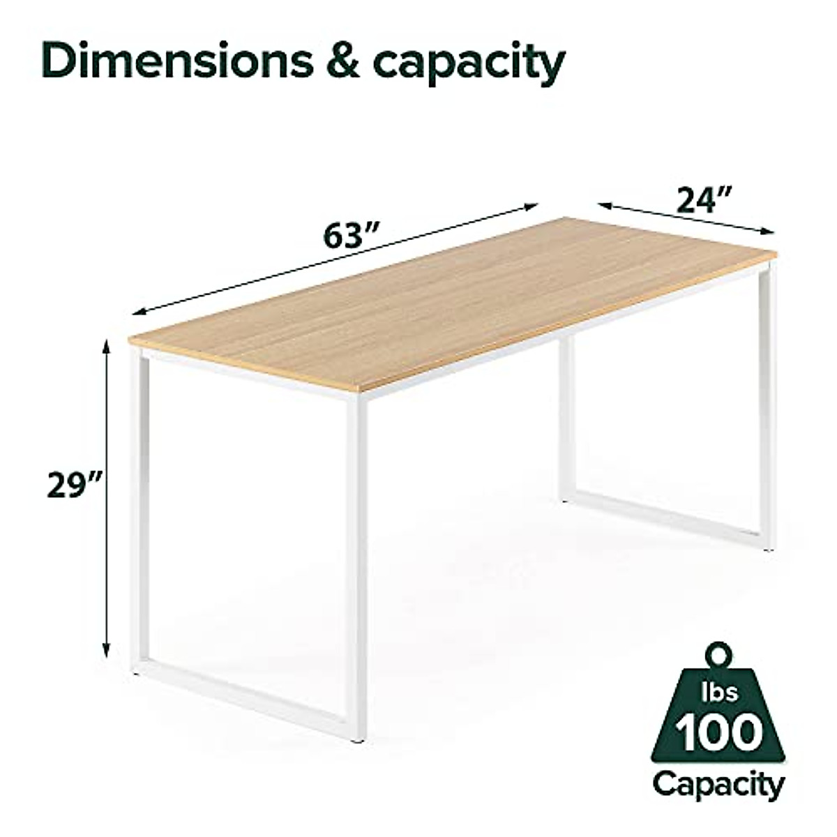 ZINUS Jennifer 63 Inch White Frame Desk, Computer Workstation, Office Desk, Easy Assembly, Natural