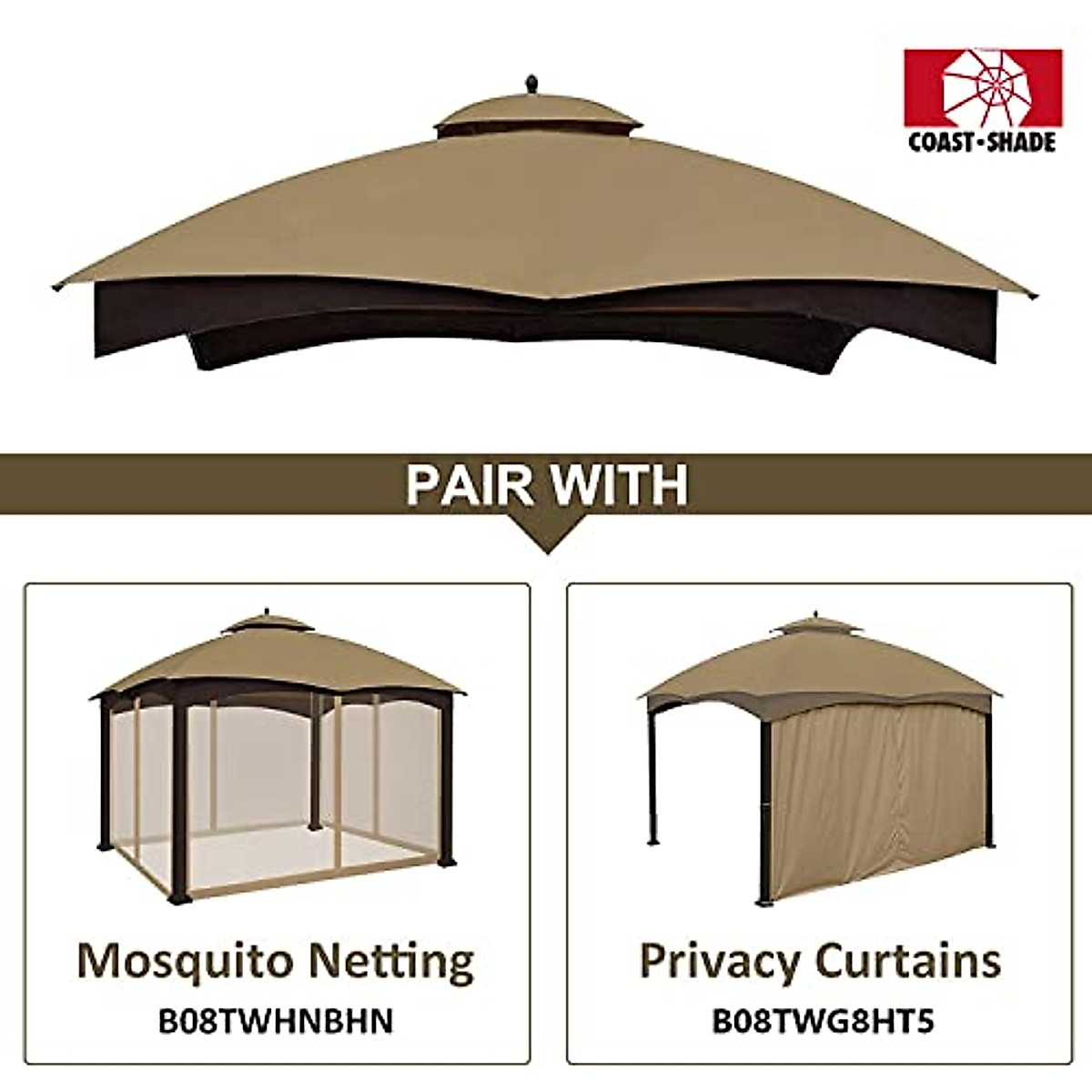 CoastShade Patio 10X12 Replacement Canopy Roof for Lowe's Allen Roth 10X12 Gazebo Backyard Double Top Gazebo (Khaki