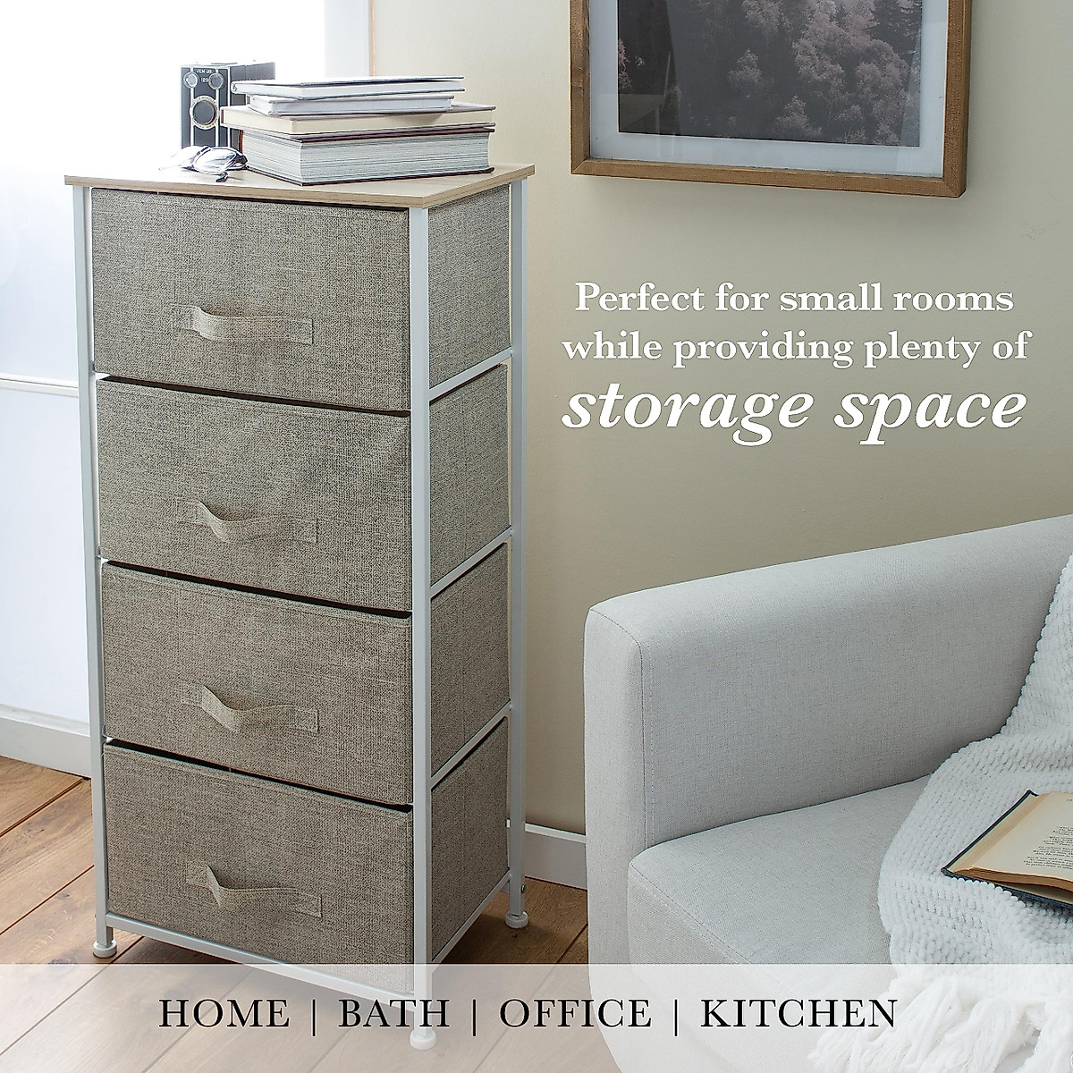 Simplify 4 Tier Vertical Storage Chest | Dresser | Nightstand | Fabric Drawers | Sturdy Steel Frame | Organizer | Bedroom | Closet | Easy to Assemble | Beige