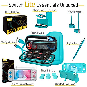 Orzly Switch Lite Accessories Bundle - Case & Screen Protector for Nintendo Switch Lite Console, USB Cable, Games Holder, Grip Case, Headphones, Thumb-Grip Pack & More (Gift Pack - Turquoise Blue)