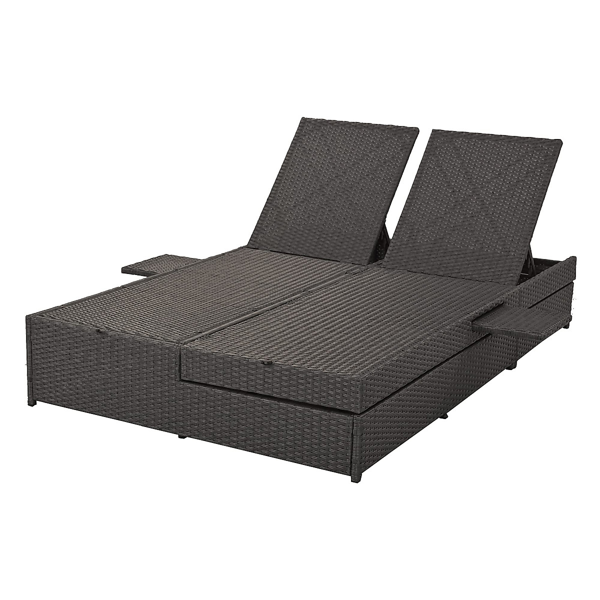 Outdoor PE Rattan Daybed Double Reclining Chairs with Adjustable Backrest and Cup Tray, All Weather Patio Sunbed Lounge Chair Conversations Sofa with Thick Cushions and Pillows for 2 Person (Gray-D)