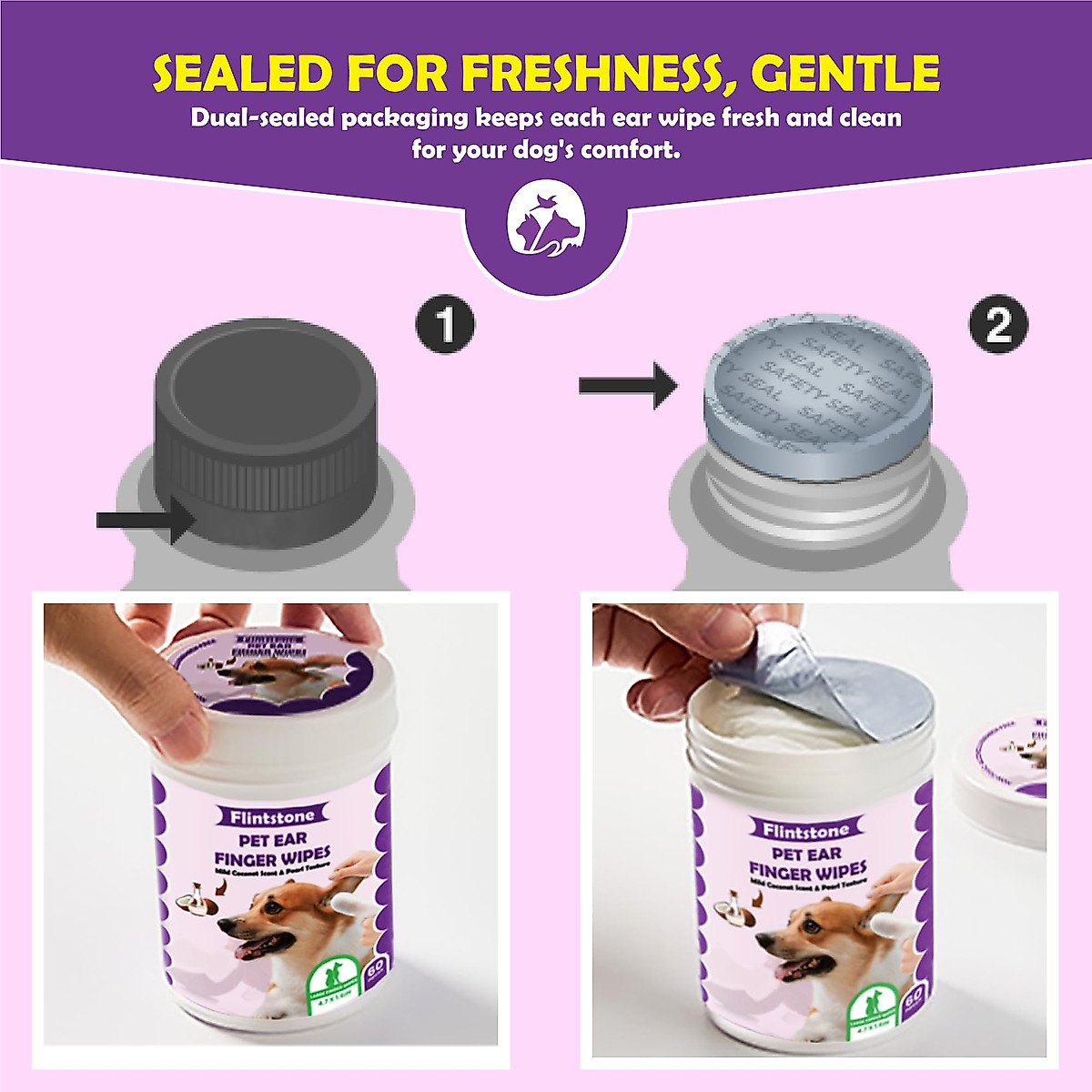 Flintstone Dog Ear Cleaner Finger Wipes – Ultra Big Dog Ear Wipes Gently Clean Ear Wax, Dirt - Ear Wipes for Dogs & Cats Soothes Ear Itching - Mild Coconut Scent - 60 Count