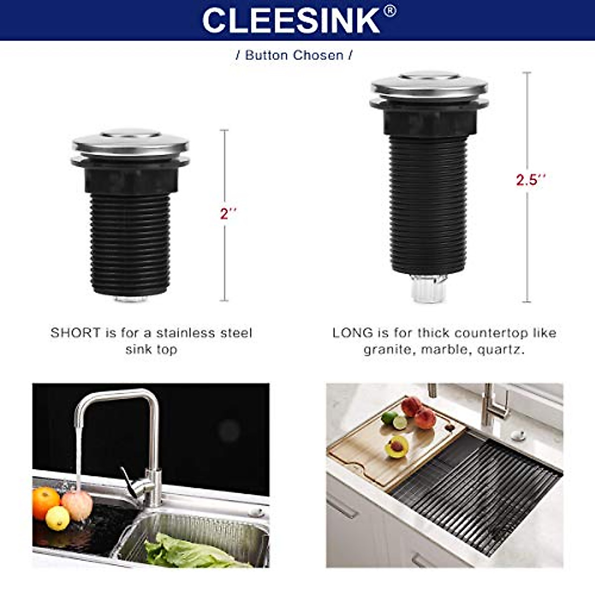 CLEESINK Air Activated Switch Button with Air Hose, Sink Top White Push Button for Food Waste Garbage Disposal Part (Short, 2 Inch)