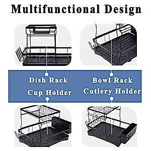 KUNYI DROP Dish Drying Rack with Drainboard, Multifunctional Dish Rack for Kitchen Counter, Anti-Rust Drying Dish Rack, Cutting Board Holder, Black