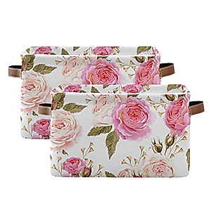 susiyo Large Foldable Storage Bin, Floral Pink Roses Fabric Storage Baskets Collapsible Decorative Baskets Organizing Basket Bin with PU Handles for Shelves Home Closet Bedroom Living Room-2Pack