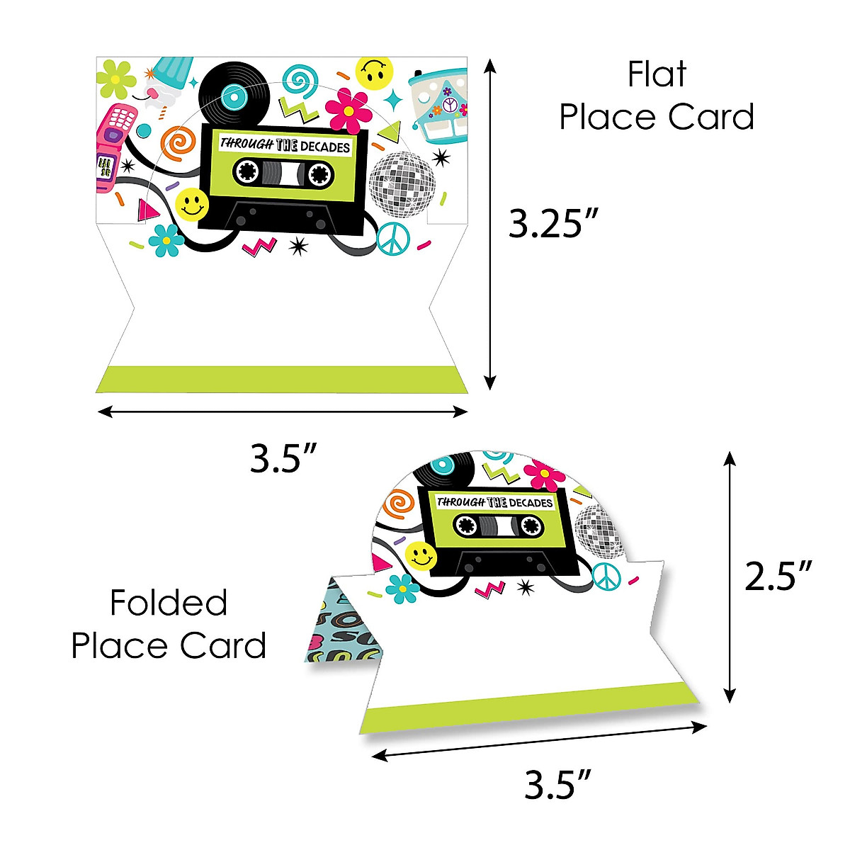 Big Dot of Happiness Through the Decades - 50s, 60s, 70s, 80s, and 90s Party Tent Buffet Card - Table Setting Name Place Cards - Set of 24