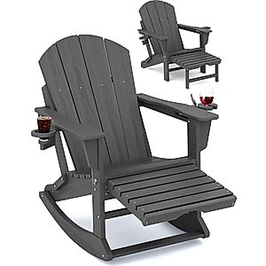 KINGYES Folding Adirondack Rocking Chair with Retractable Ottoman and Cup Holders, 4-in-1 Multifunctional HDPE Adirondack Chair for Porch, Patio, Balcony, Leaden Grey