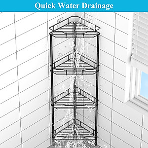 HuggieGems 4 Tier Floor Standing Corner Shower Caddy Organizer Shelf with Hooks, Bathroom Shelves Stand Rack, Black