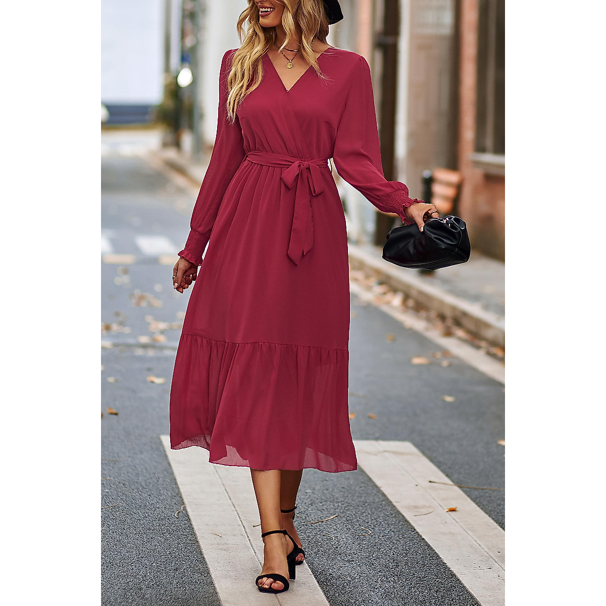 PRETTYGARDEN Women's Floral Print Boho Dress Long Sleeve Wrap V Neck Ruffle Belted A-Line Flowy Maxi Dresses (Solid Wine Red,Medium)