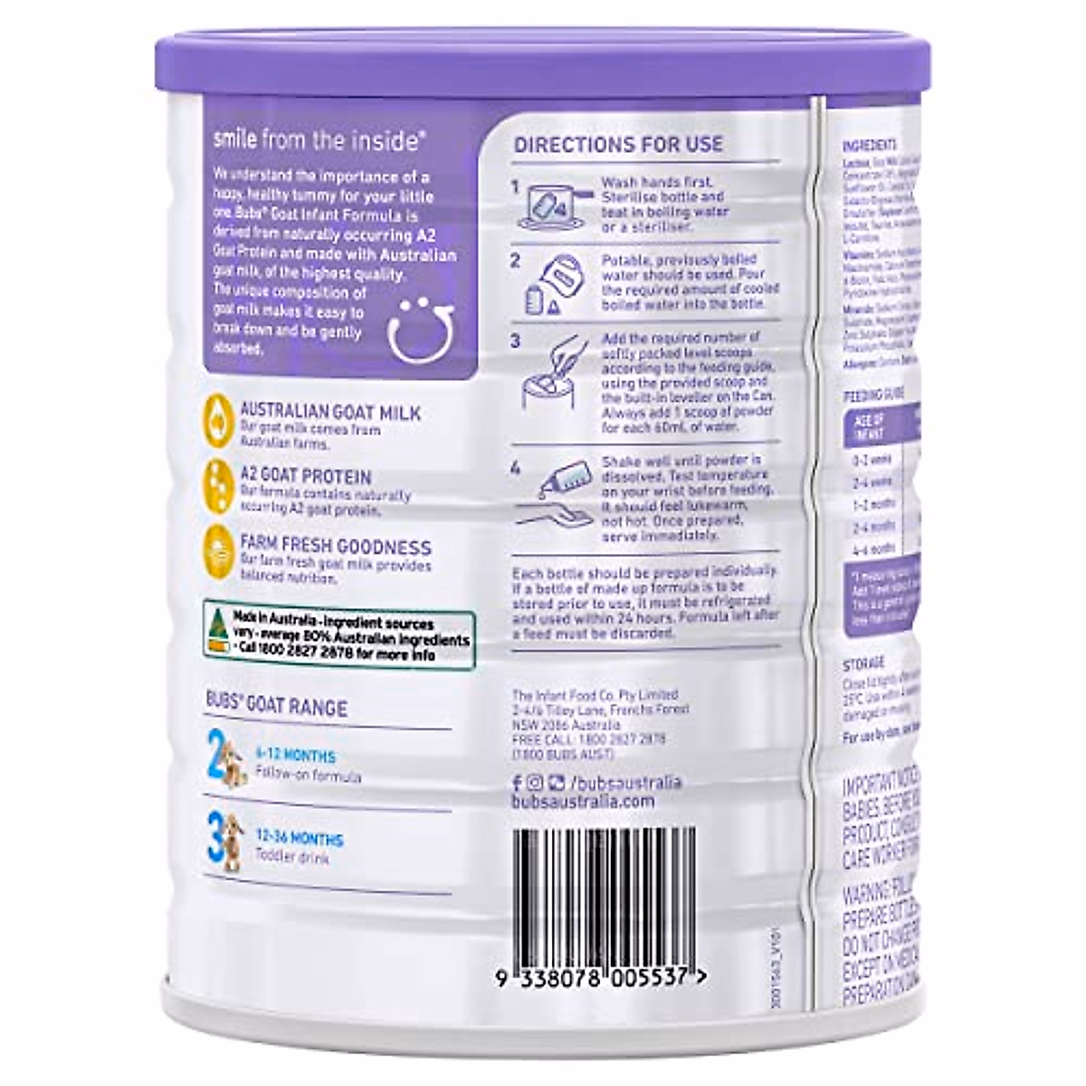 Bubs Goat Milk Infant Formula Stage 1, Infants 0-6 months, Made with Natural Goat Milk, 28.2 oz