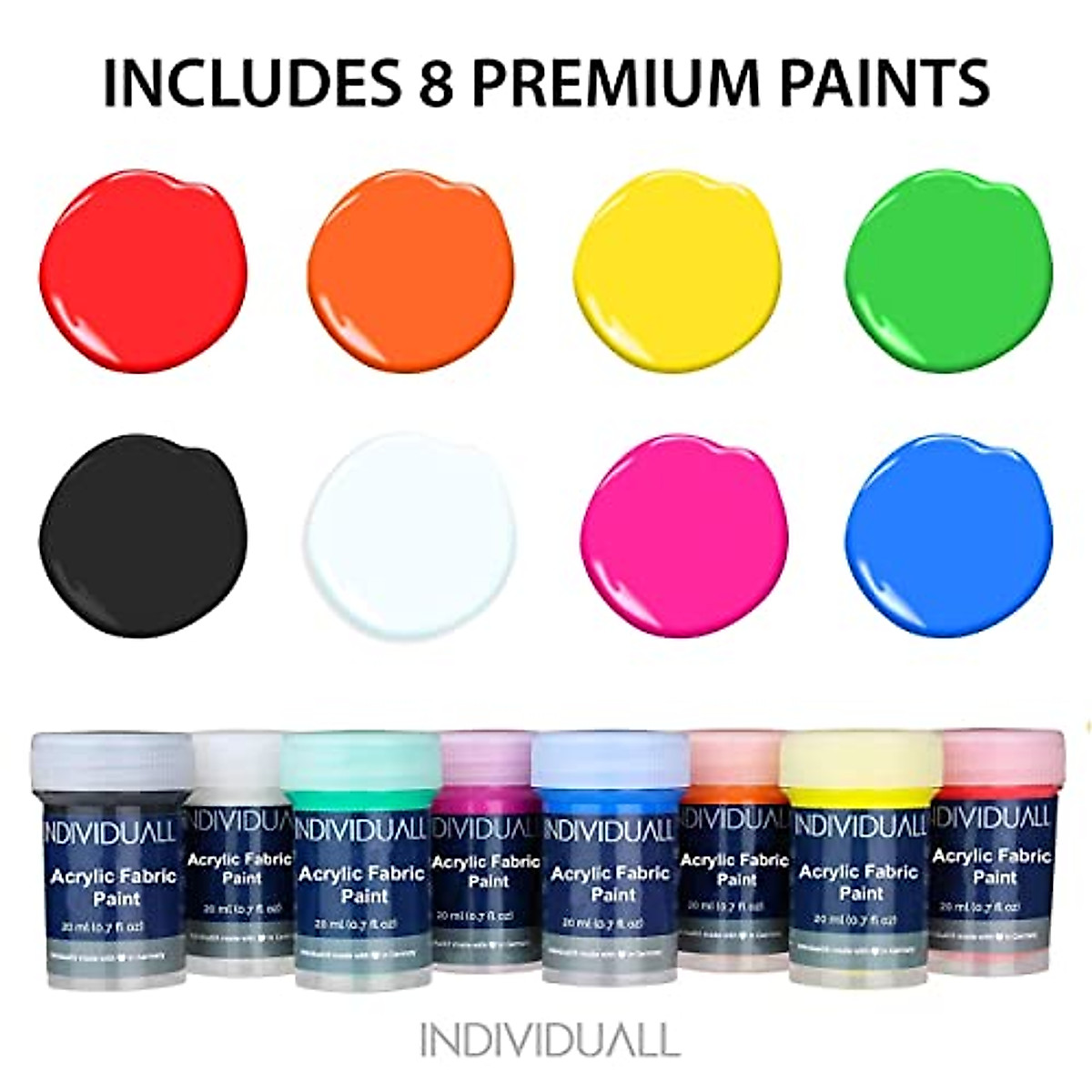 individuall Premium Fabric & Textile Paints Professional Grade Clothing Paint Set Art and Hobby Paints Craft Paint Set with 8 x 20 ml / 0.7 fl oz Vivid Colors For Beginners, Students, & Artists